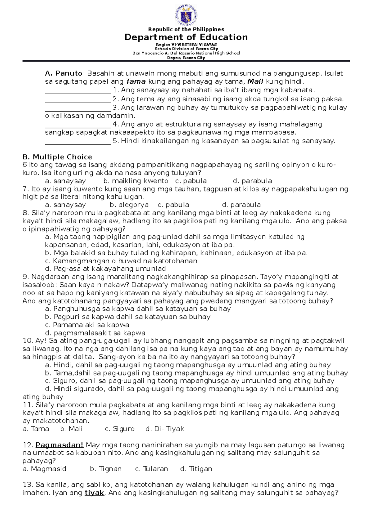 2nd Summative Test - TEST - Republic of the Philippines Department of ...