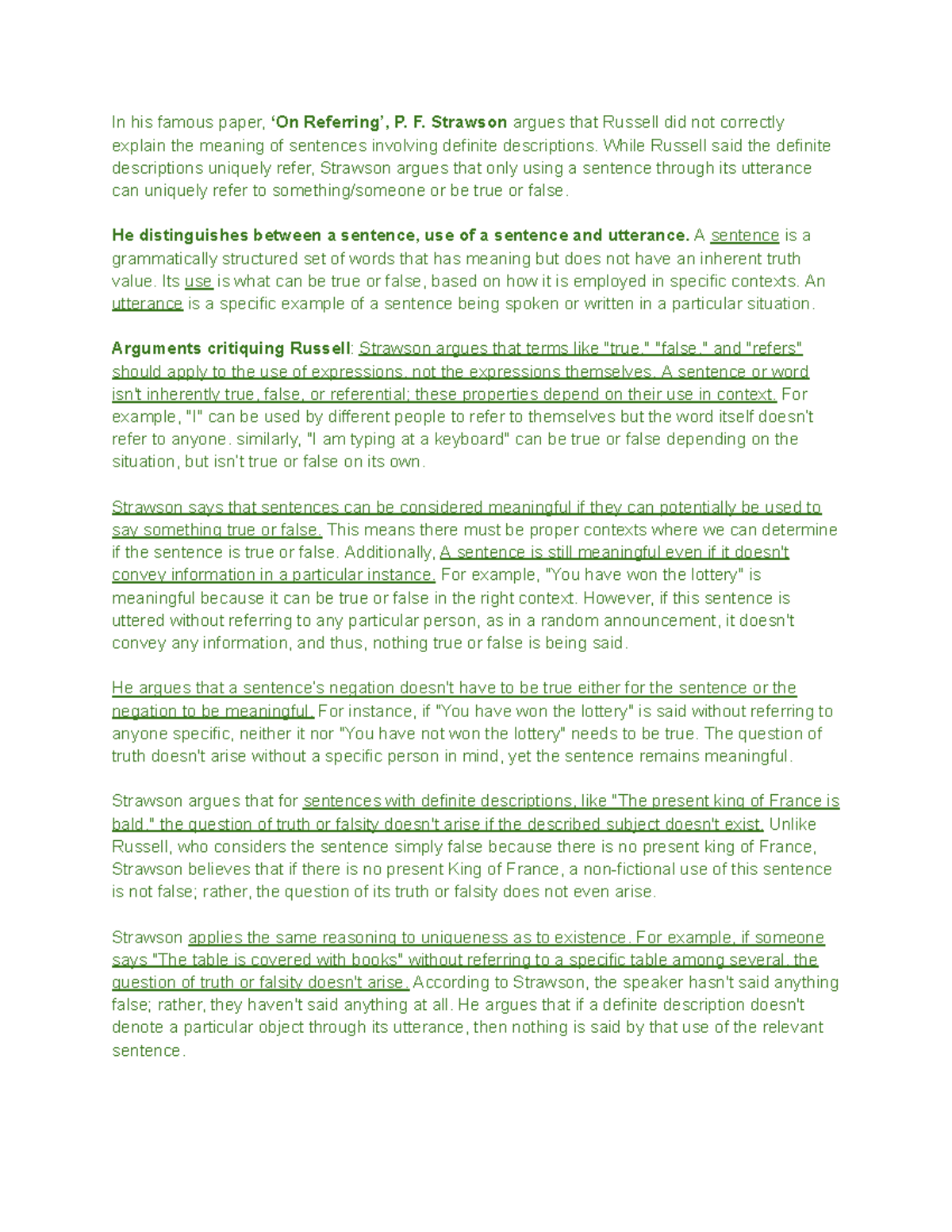 Strawson - In his famous paper, ‘On Referring’, P. F. Strawson argues ...