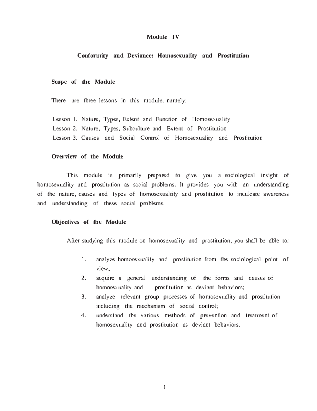 Mod4-1 - Module 1 - Module IV Conformity and Deviance: Homosexuality and Prostitution Scope of ...