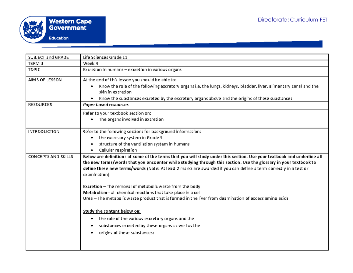 Life Sciences Grade 11 Term 3 Week 4 2020 - Directorate: Curriculum FET ...