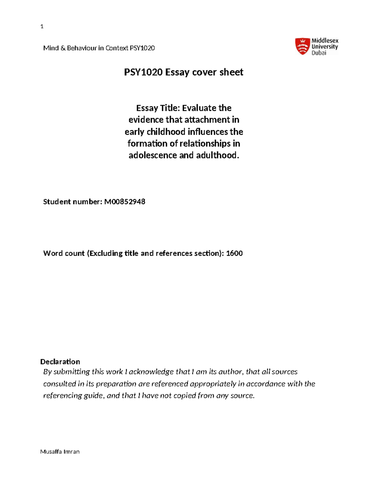PSY1020 Essay cover sheet - Mind & Behaviour in Context PSY PSY1020 ...