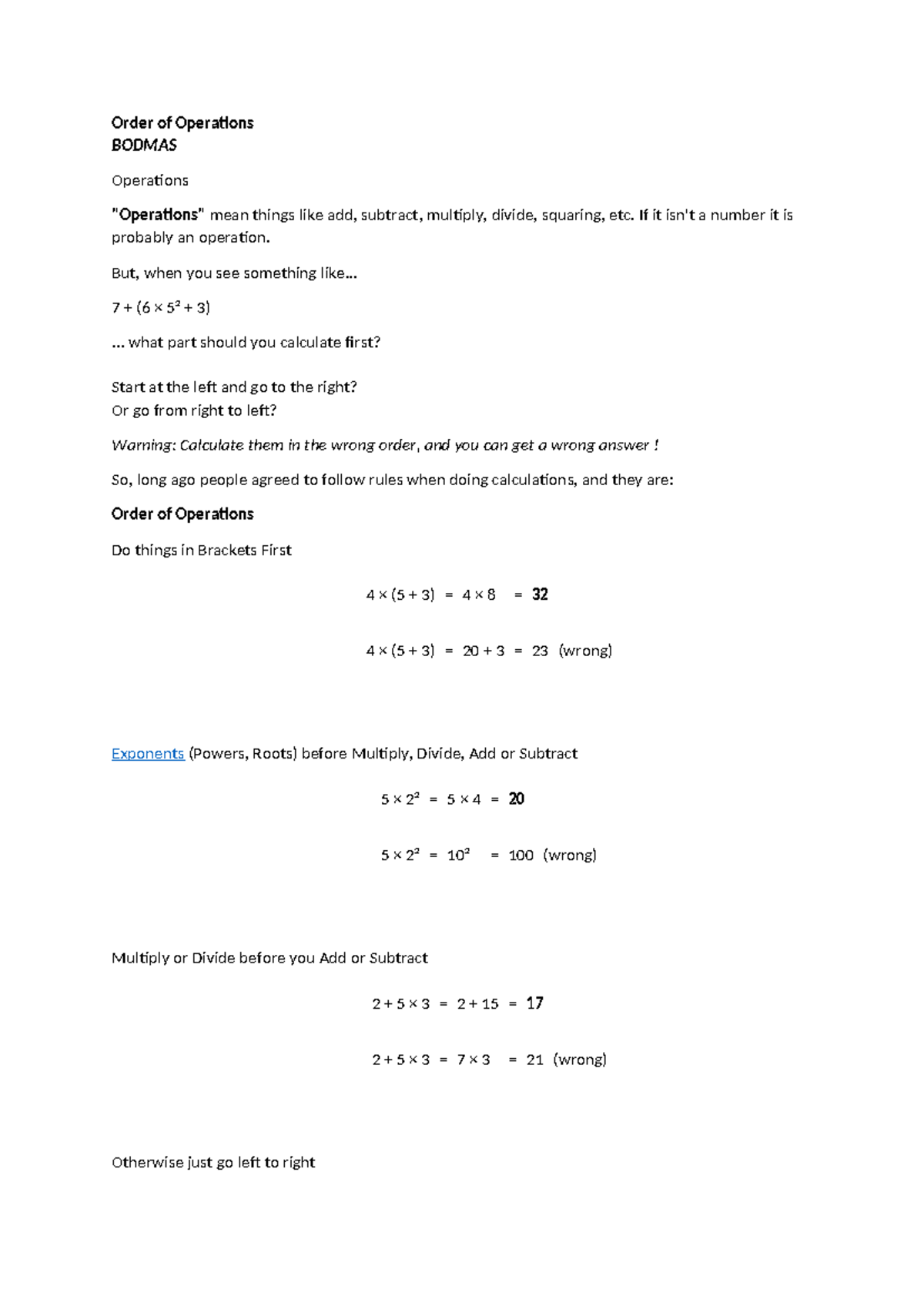 Order of Operations - Order of Operations BODMAS Operations "Operations ...
