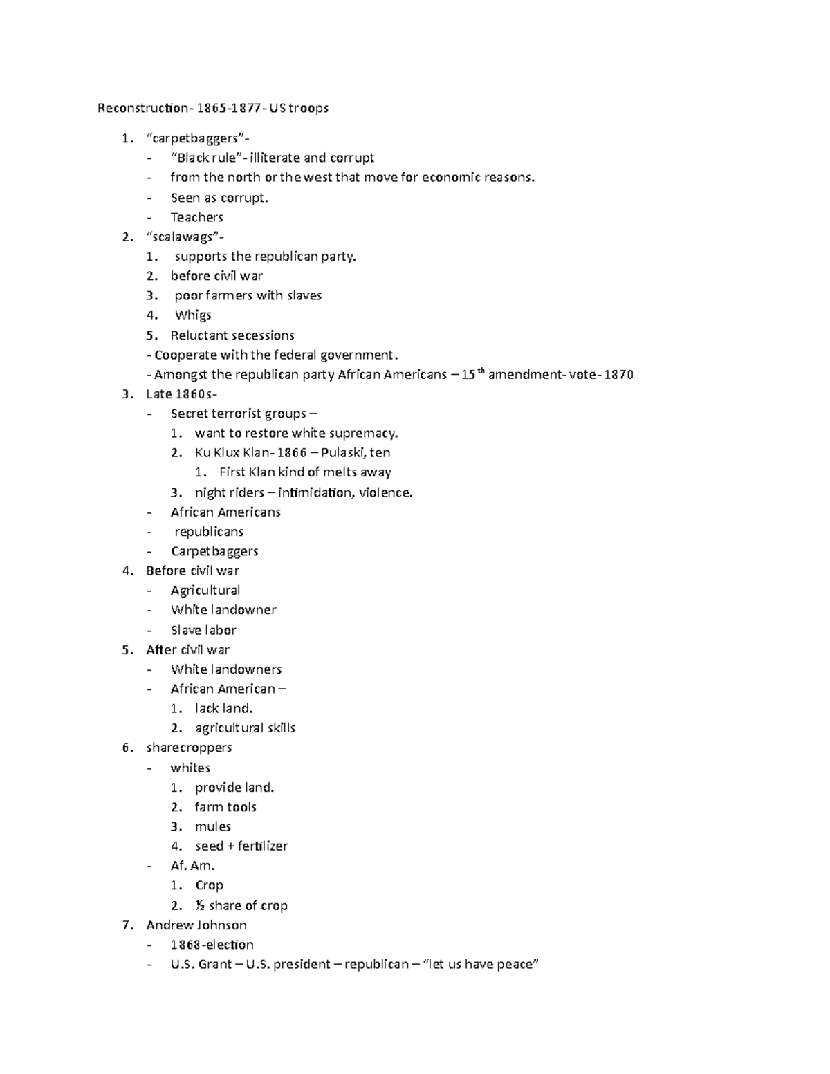 Reconstruction notes - Reconstruction- 1865-1877- US troops ...