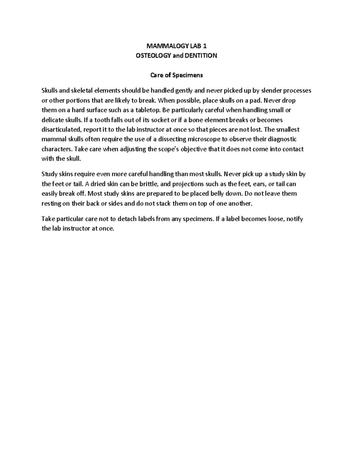 Lab 1 - Osteology - Professor - James Dines - MAMMALOGY LAB 1 OSTEOLOGY ...