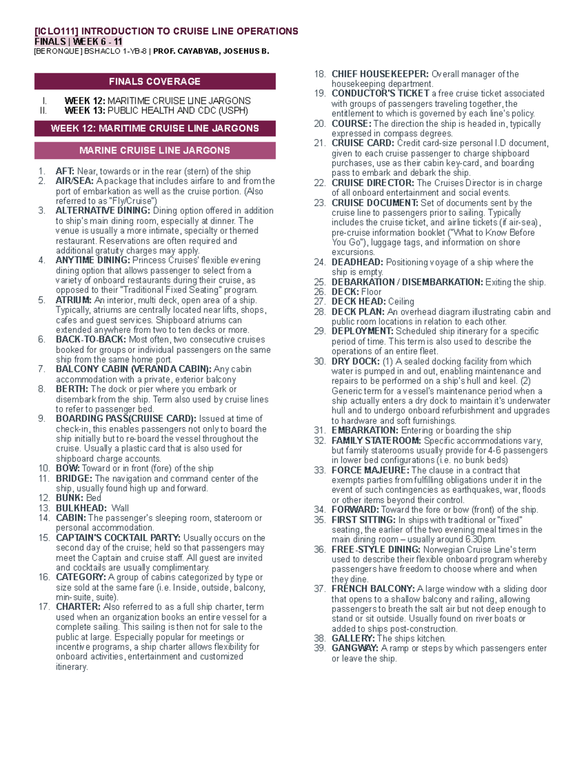 ICLO111-Finals-Notes - [ICLO111] INTRODUCTION TO CRUISE LINE OPERATIONS ...