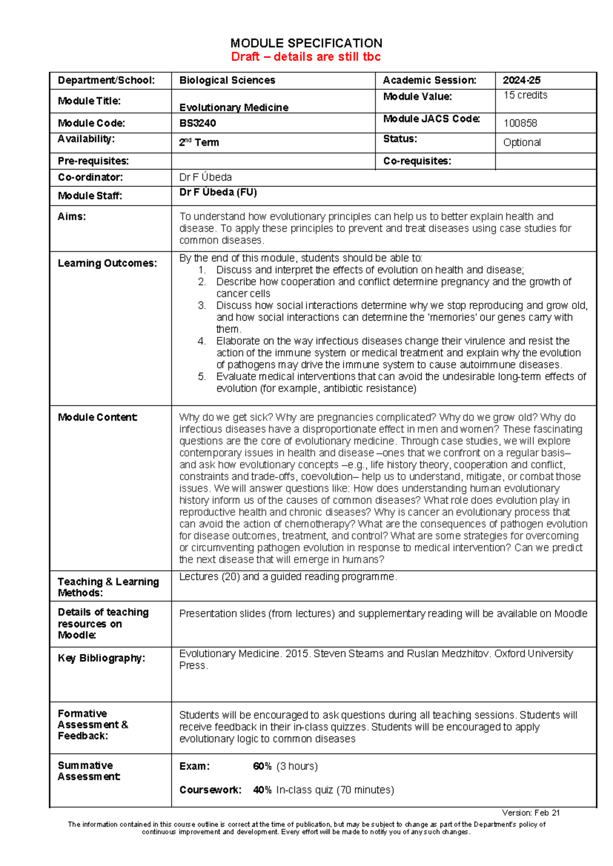 BS3240 Evolutionary Medicine Module Spec 24-25 Draft - MODULE ...