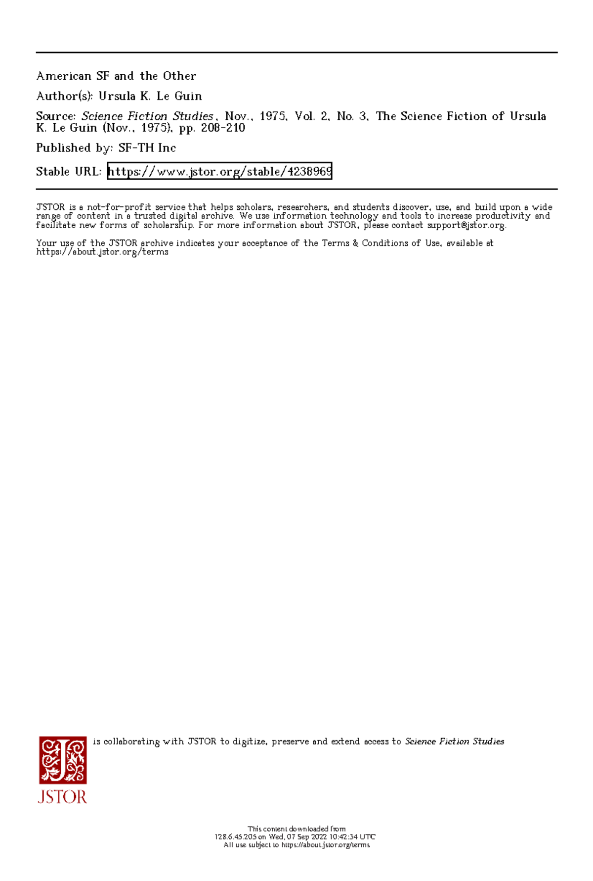 Ursula K. Le Guin - American SF and the Other - American SF and the ...