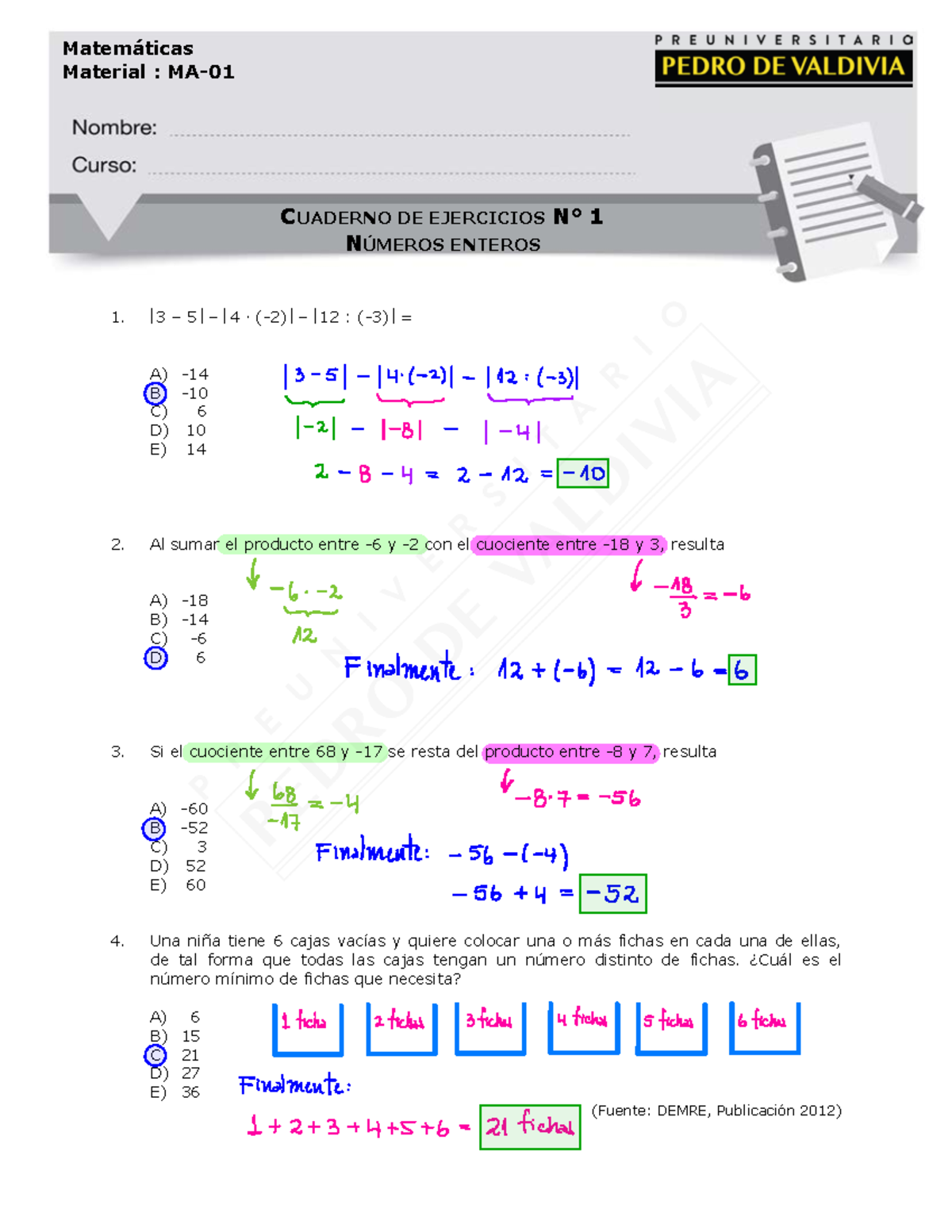 Solucionario MC-1 Números Enteros - CUADERNO DE EJERCICIOS N° 1 NÚMEROS ENTEROS Matemáticas ...
