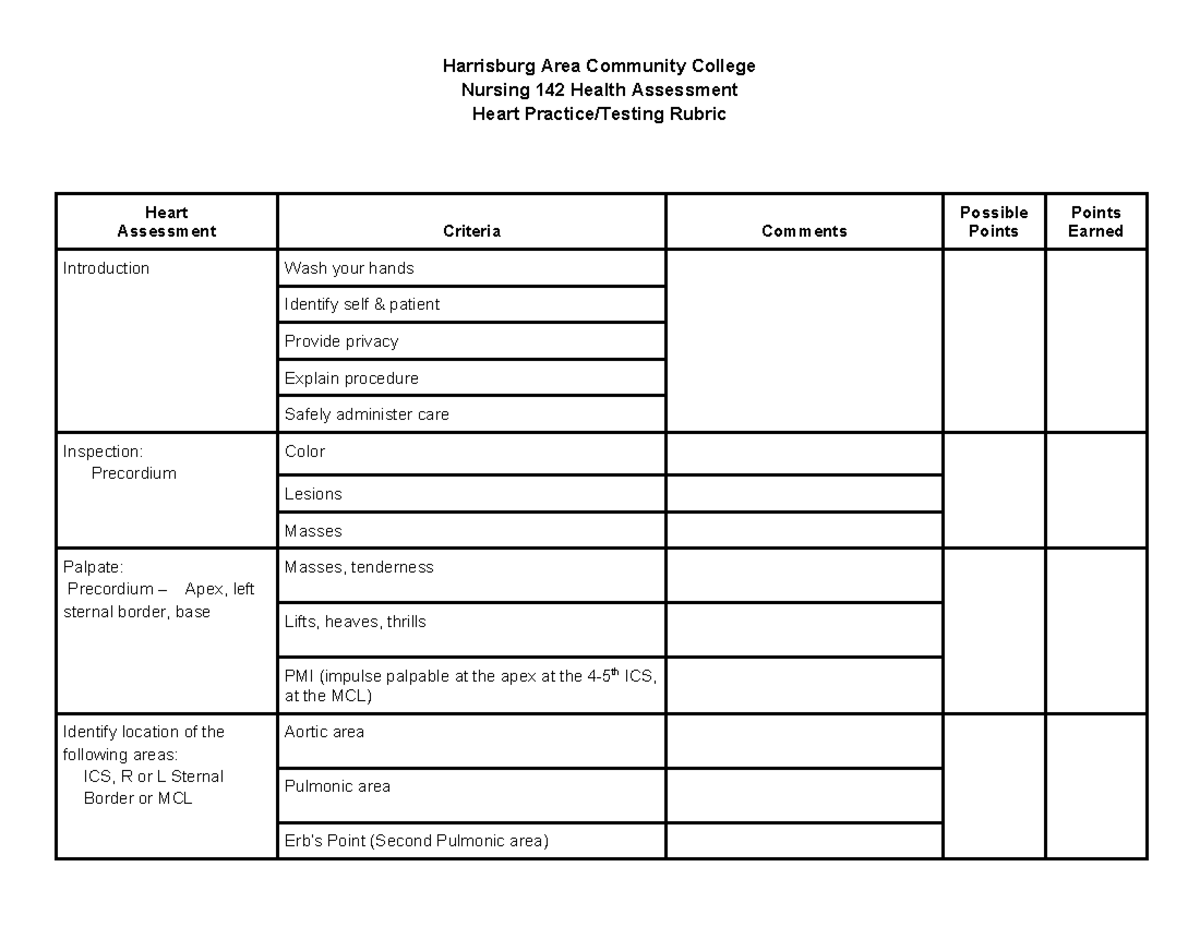 Heart Assessment Rubric 1 - Nursing 142 Health Assessment Heart ...