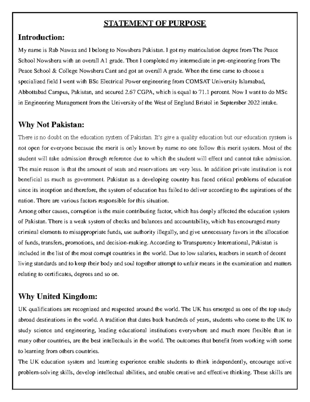 Sop Rab Nawaz Uwe Statement Of Purpose Introduction My Name Is Rab Nawaz And I Belong To