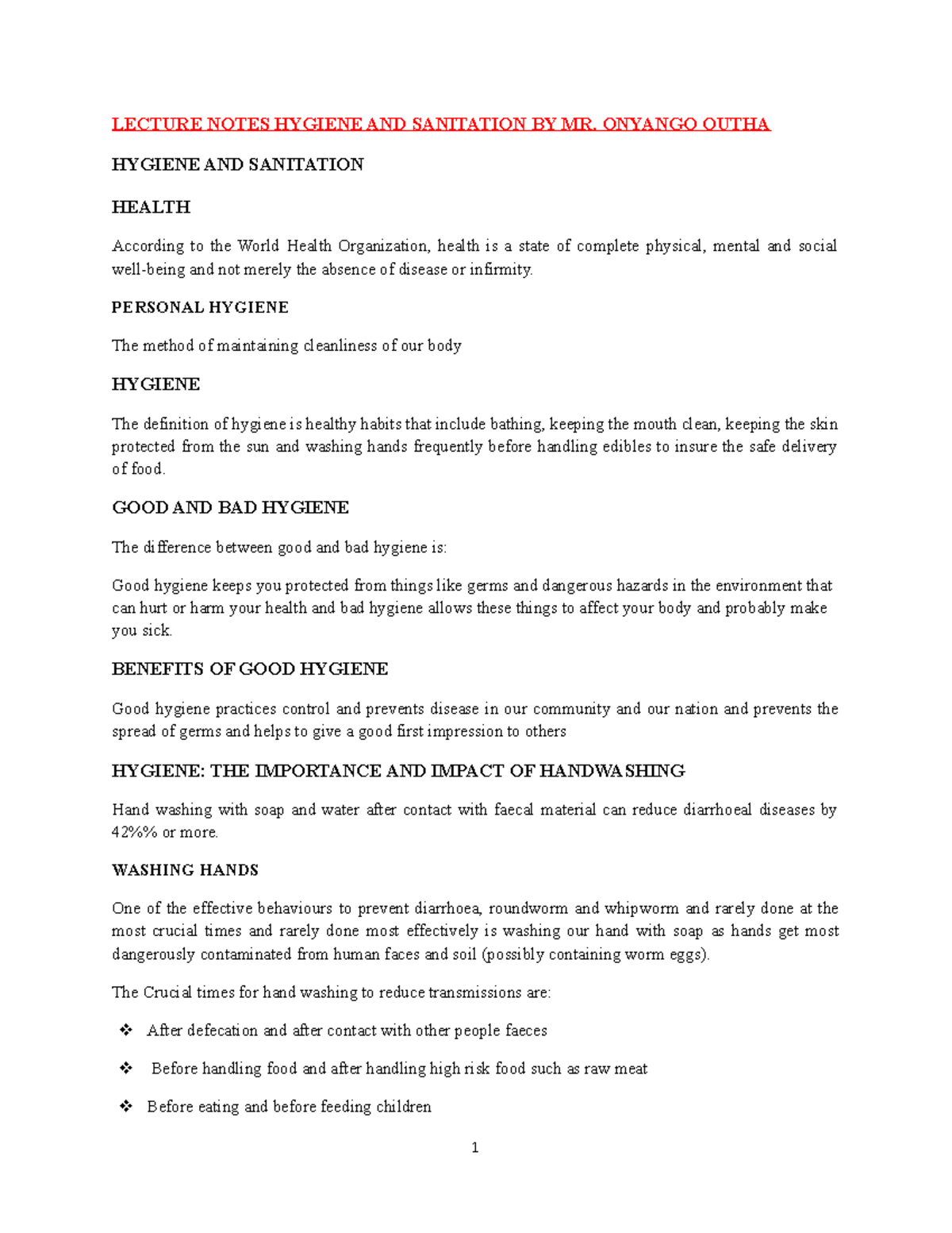 HE Class - Health notes; intro - LECTURE NOTES HYGIENE AND SANITATION ...