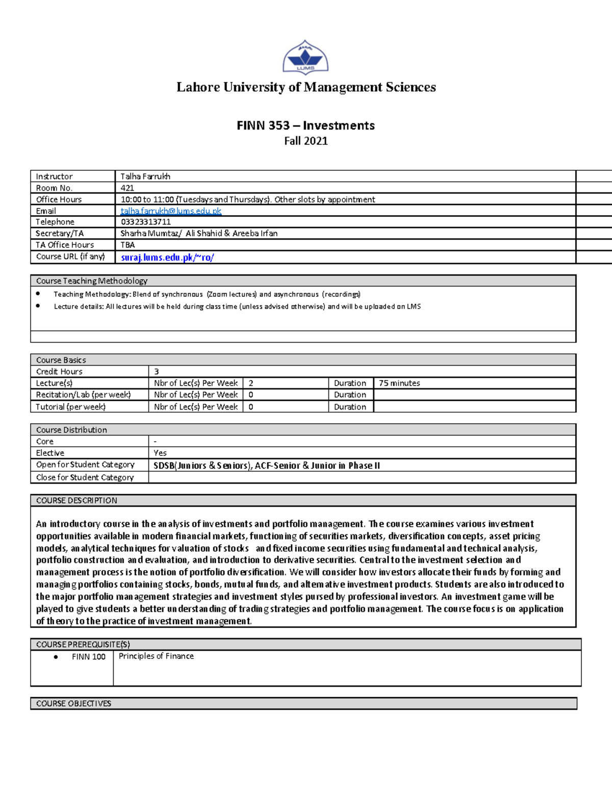 FINN 353 - Course Outline - Investments - FINN-353 - LUMS - StuDocu