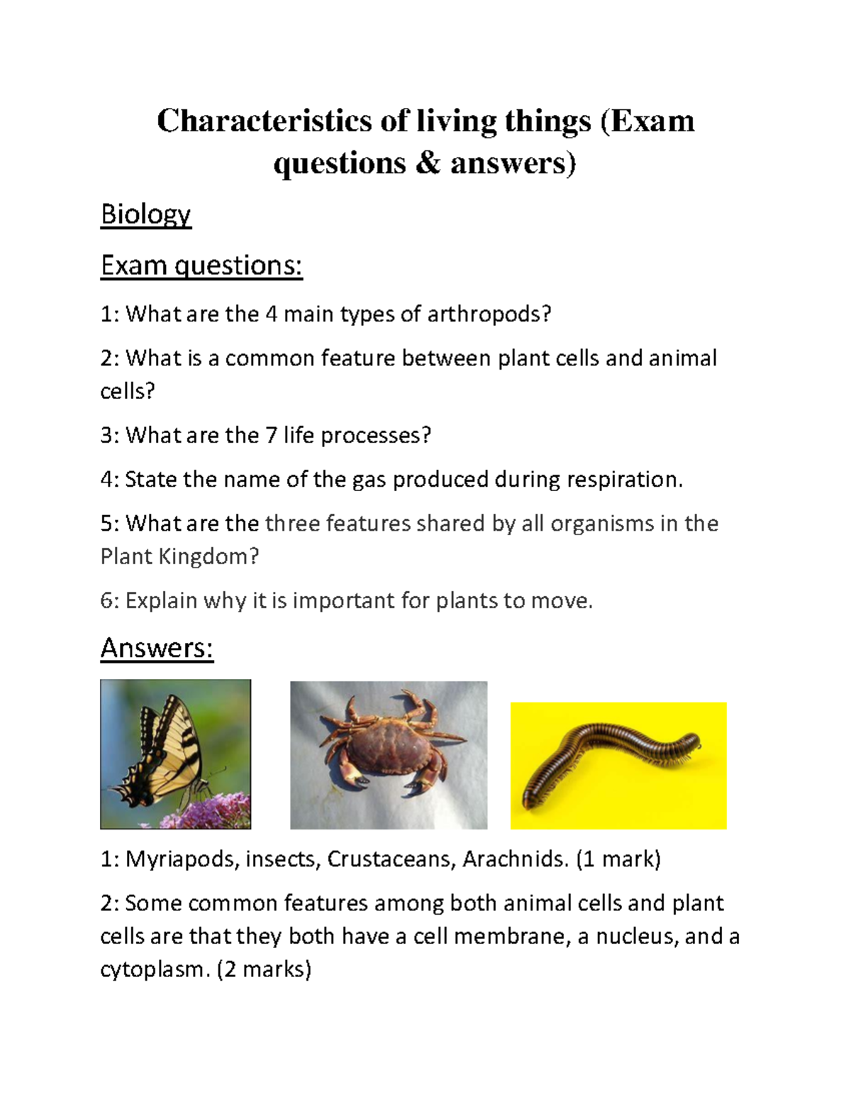 Characteristics of living things (Exam questions & answers ...