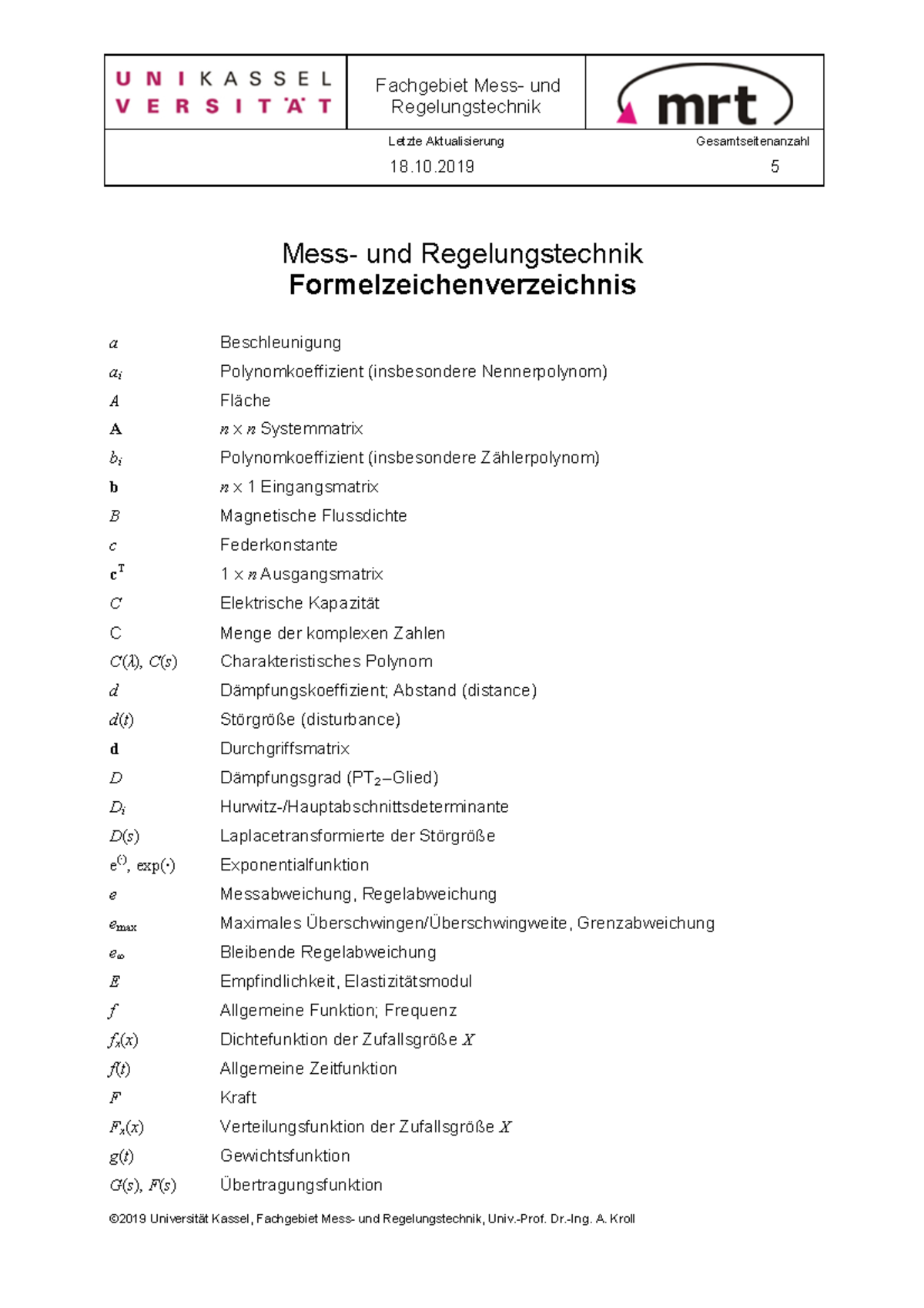 MRT Formelzeichen WS19 20 V1 - Regelungstechnik Letzte Aktualisierung ...