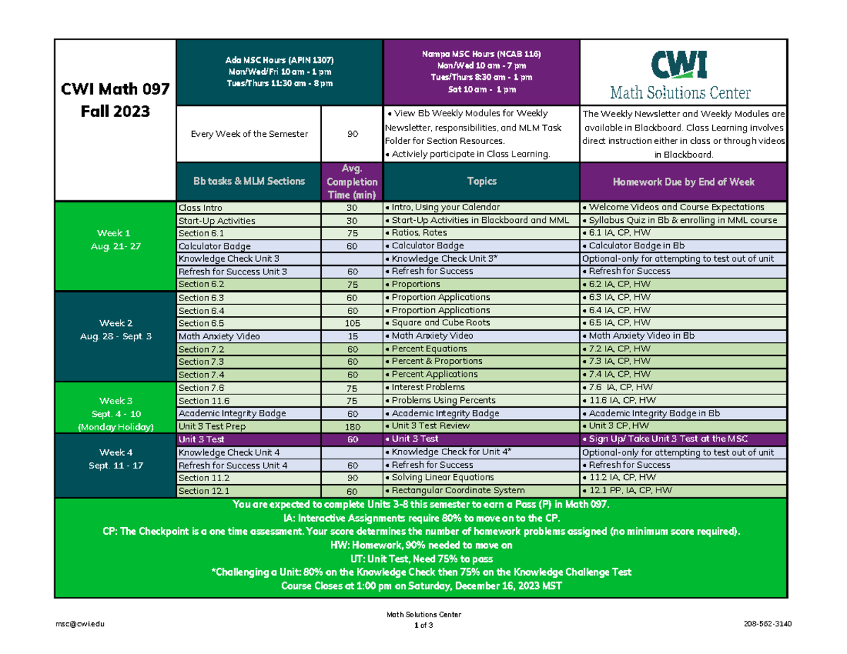 FA23 MATH 097 Campus Course Calendar - Every Week of the Semester 90 ...