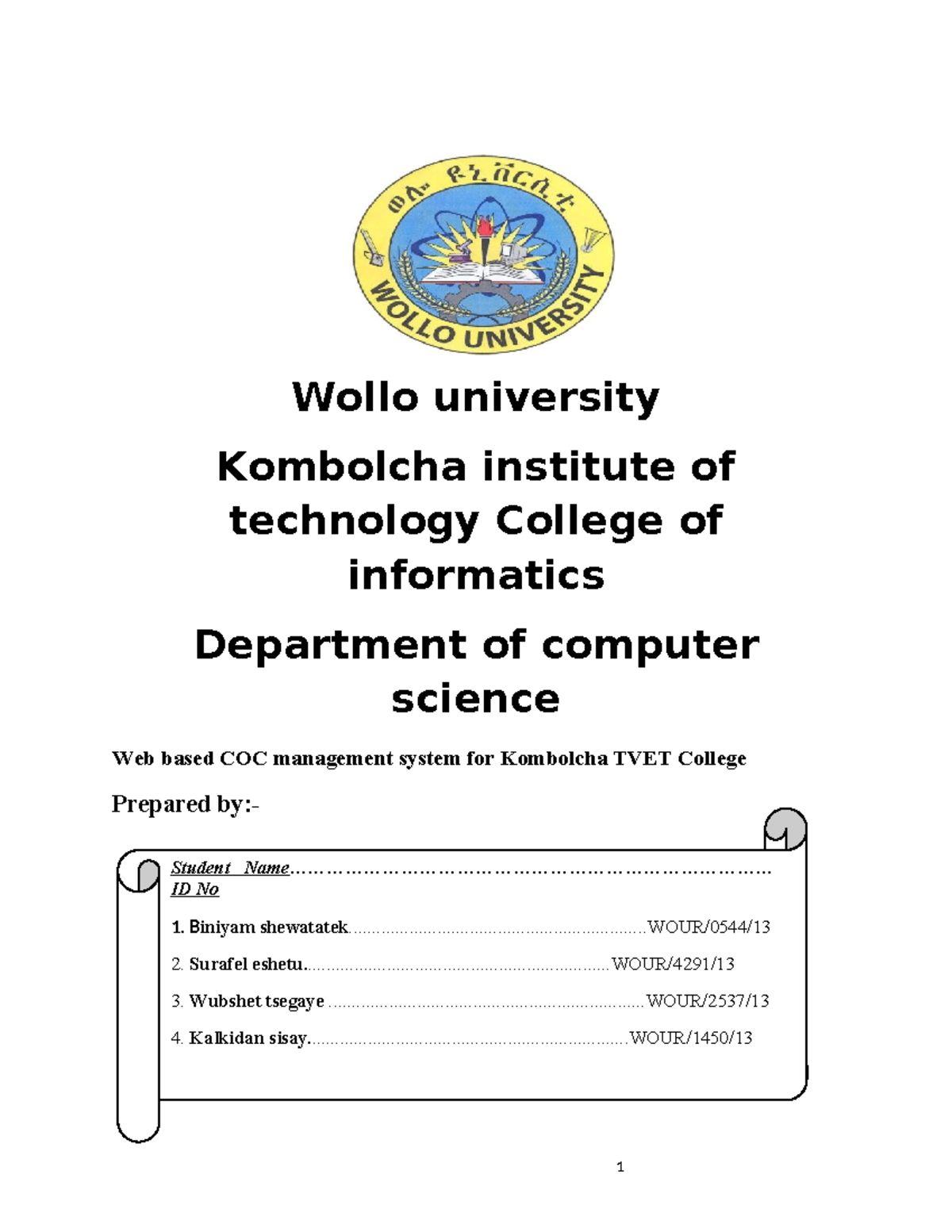 Finil pro - 1 Wollo university Kombolcha institute of technology ...