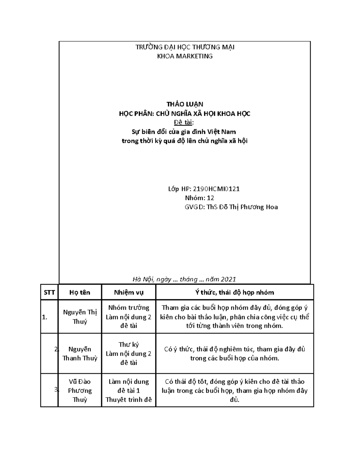 Cnxhkh - thảo luận - TR NG Đ I H C TH NG M IƯỜ Ạ Ọ ƯƠ Ạ KHOA MARKETING TH O LU NẢ Ậ H C PHẦẦN ...