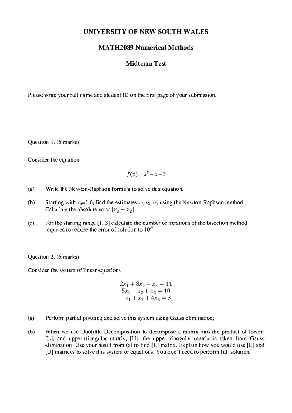 MATH2089 Week7 Mid-term - UNIVERSITY OF NEW SOUTH WALES MATH2089 ...