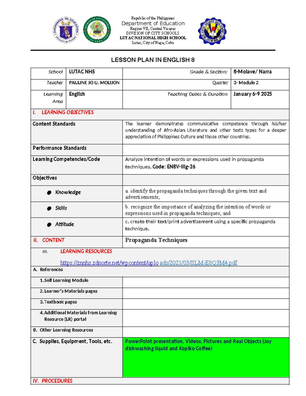 DLP-8-Q3 module 2 - LESSON PLAN - Republic of the Philippines Department of Education Region VII ...