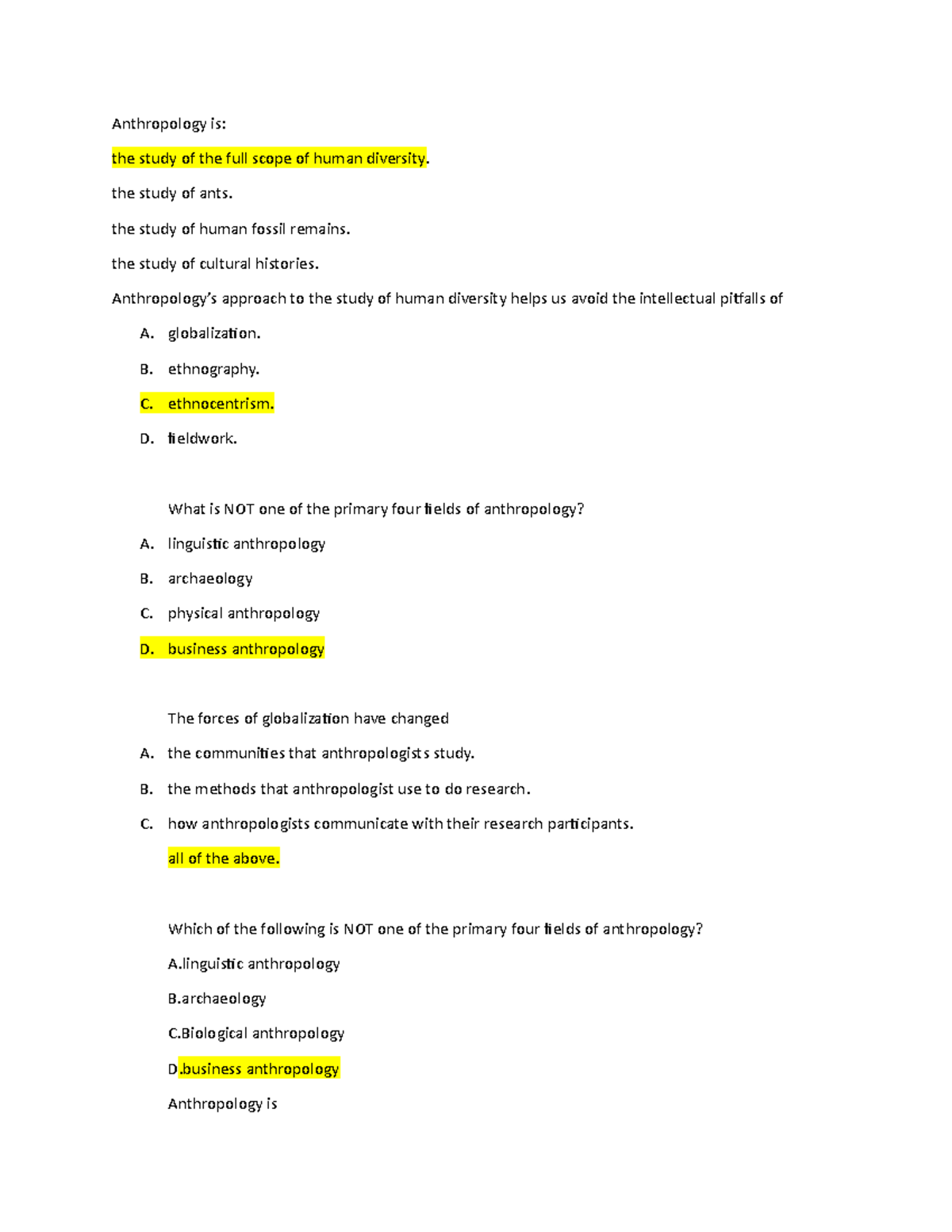 Questions ANTH1220 - Lecture notes 6 - Anthropology is: the study of ...