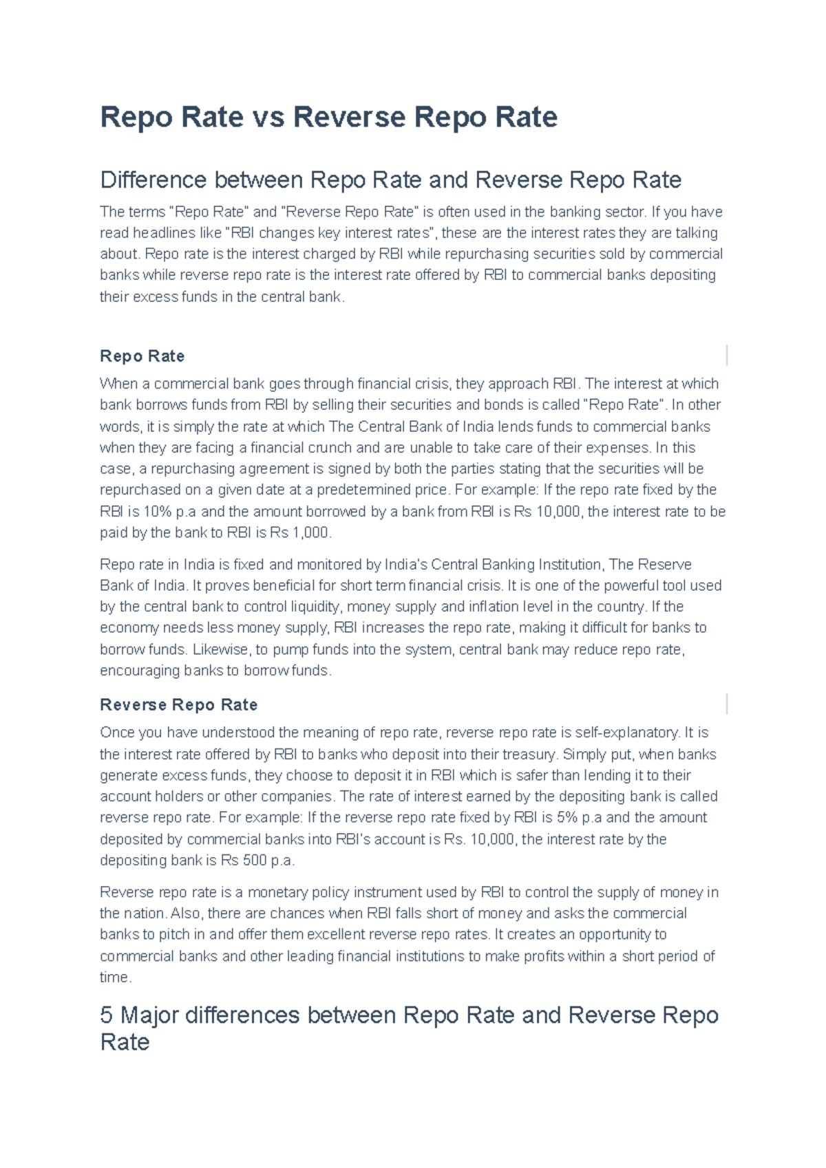 Repo Rate Reverse Repo Rate - Repo Rate vs Reverse Repo Rate Difference ...