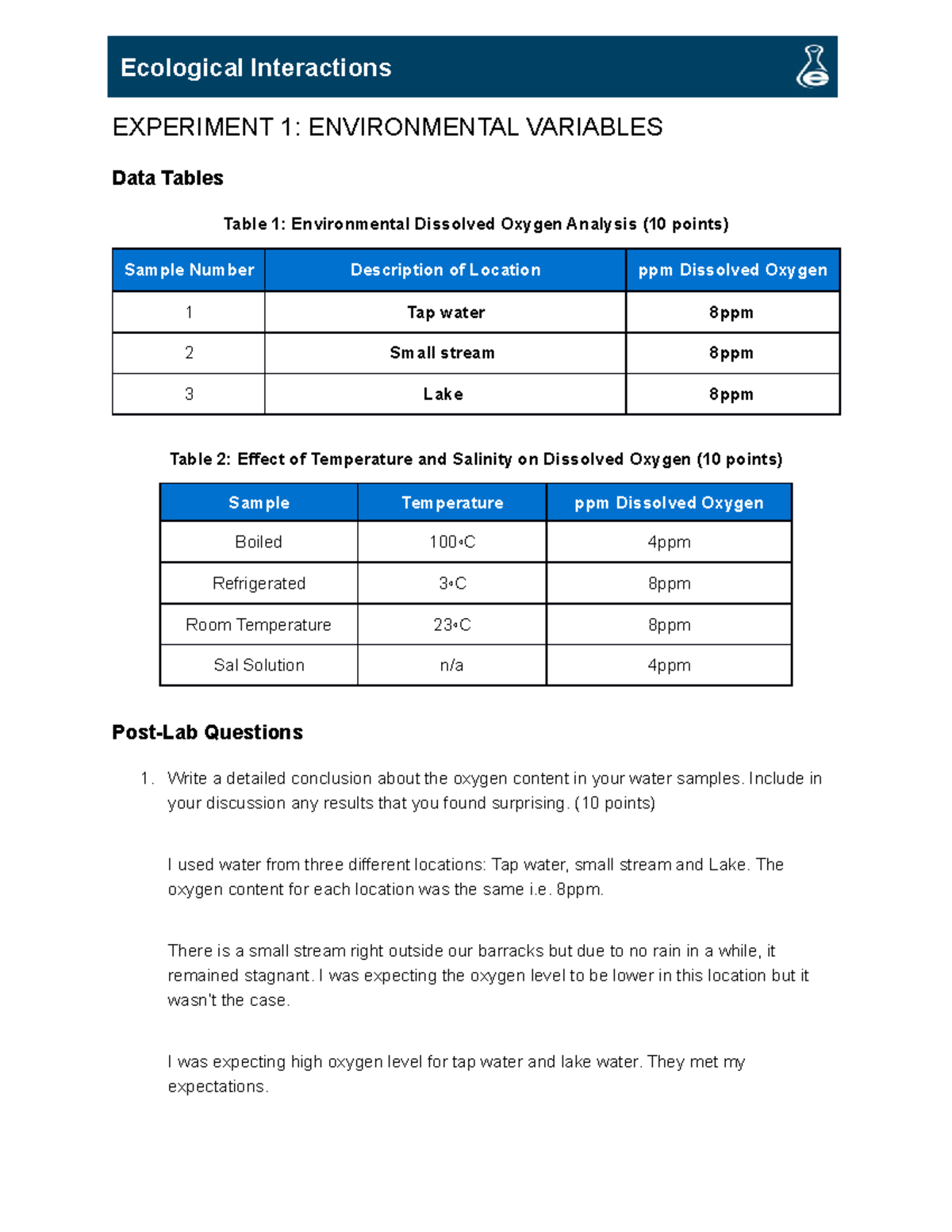 BIOL133 Lab Assg 8 General Biology II with Lab - EXPERIMENT 1: ENVIRONMENTAL VARIABLES Data ...