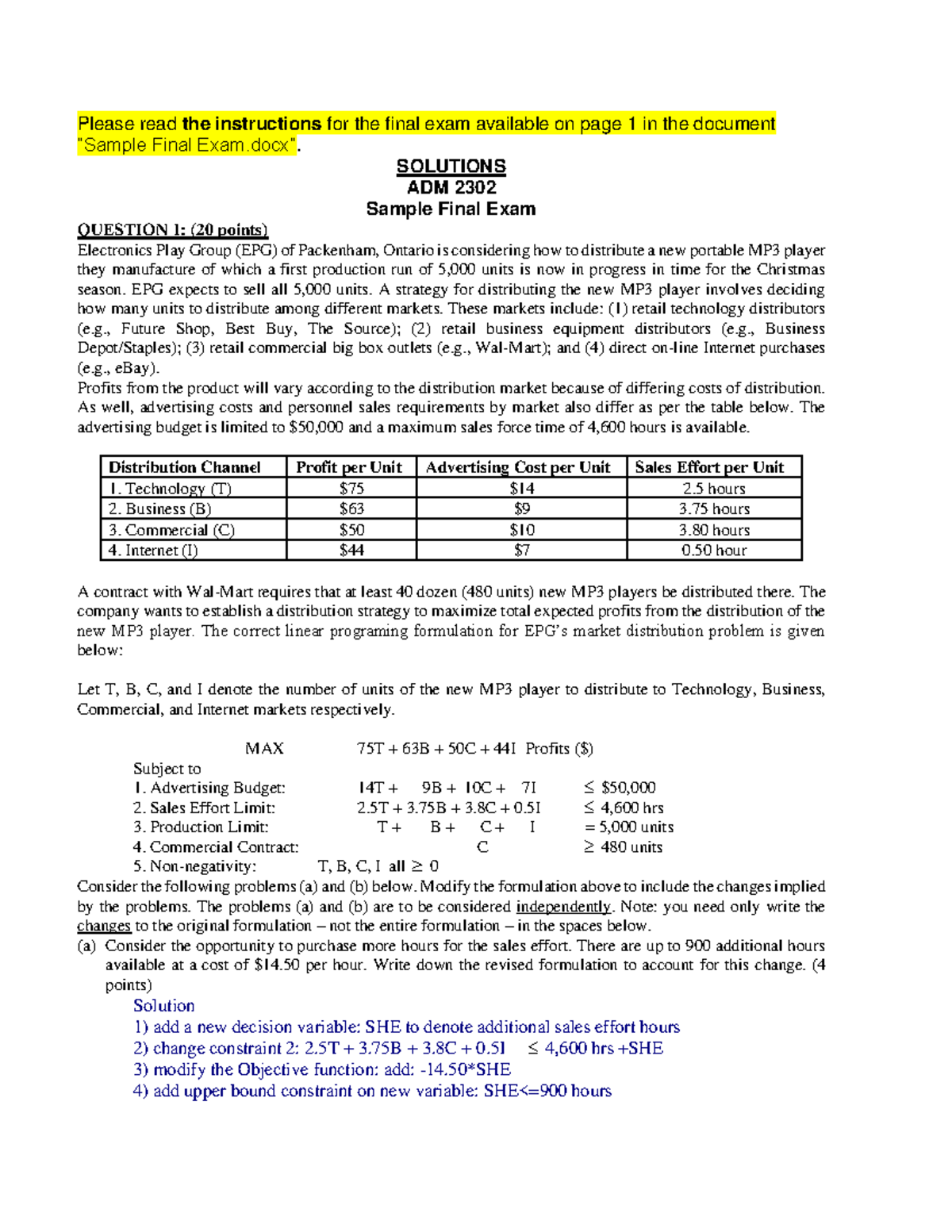 2. Solutions Sample Final Exam - Please read the instructions for the ...