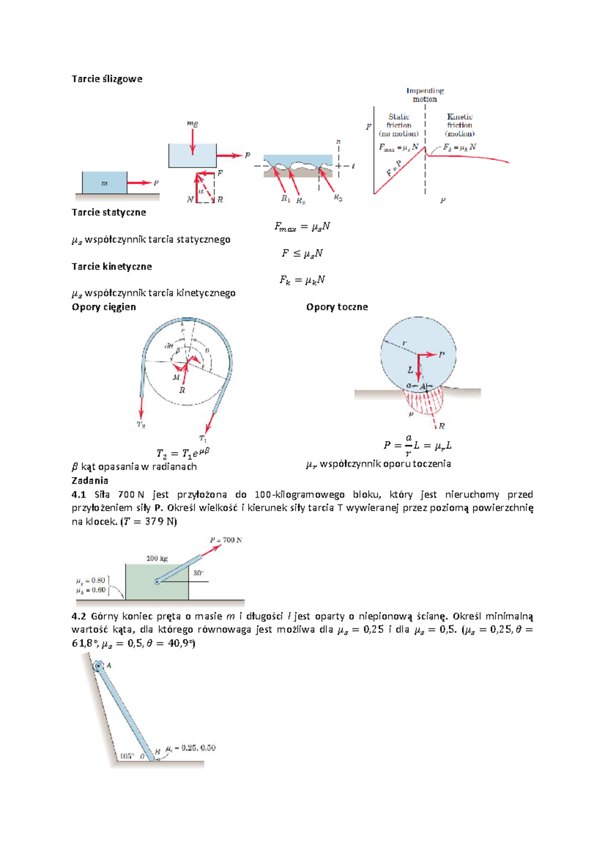 4) Tarcie - zadania do ćwiczeń - mechanika techniczna - Tarcie ślizgowe ...