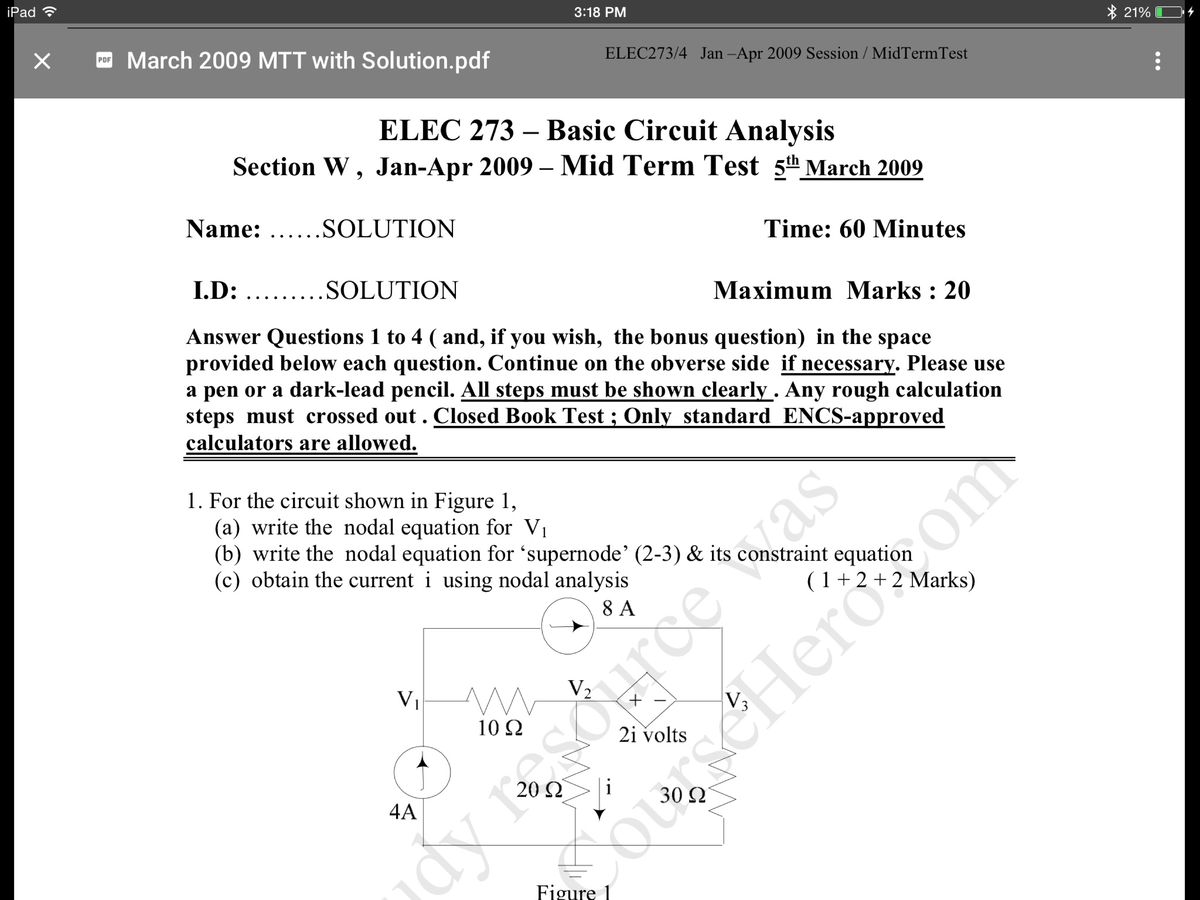 Exam 5 March 2009, questions and answers - ELEC 273 - Studocu