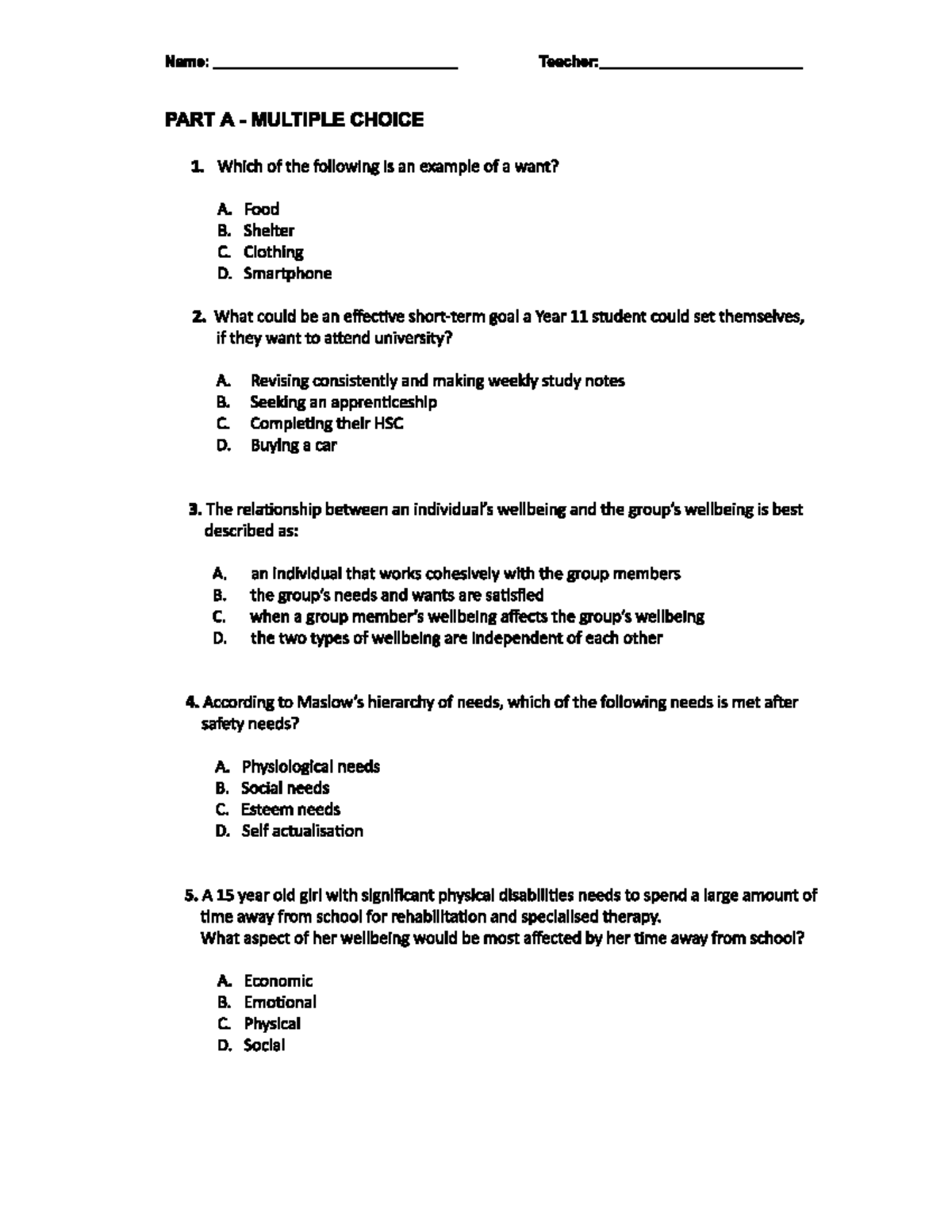 Cafs practise test - Name: Teacher: PART A MULTIPLE CHOICE 1. Which of ...