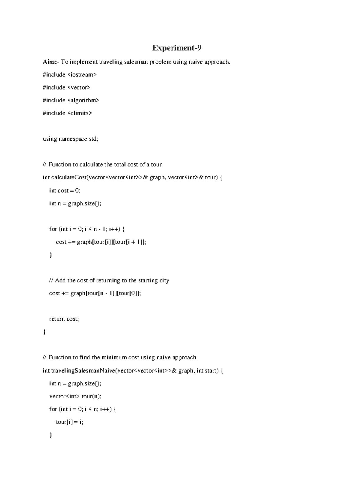 Experiment 9 Experiment 9 Experiment Aim To Implement Traveling Salesman Problem Using