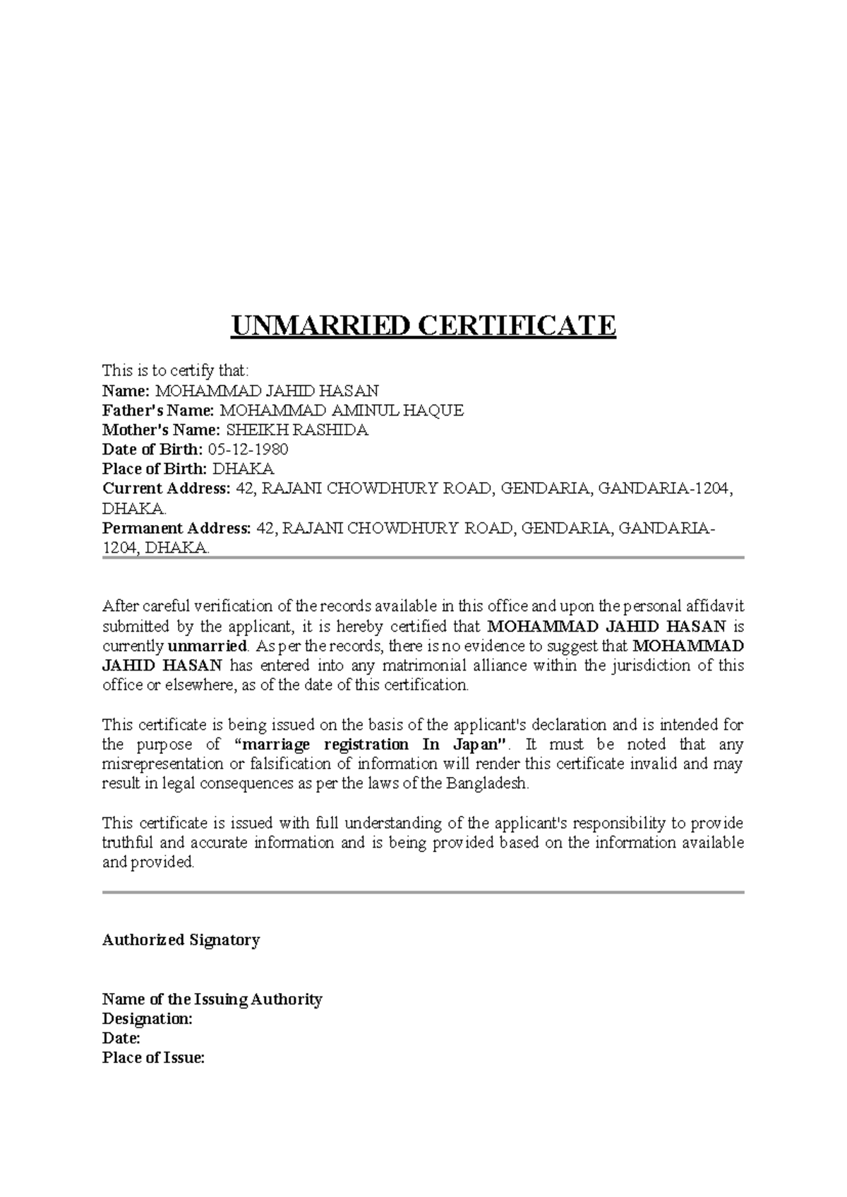 Unmarried Certificate - UNMARRIED CERTIFICATE This is to certify that ...