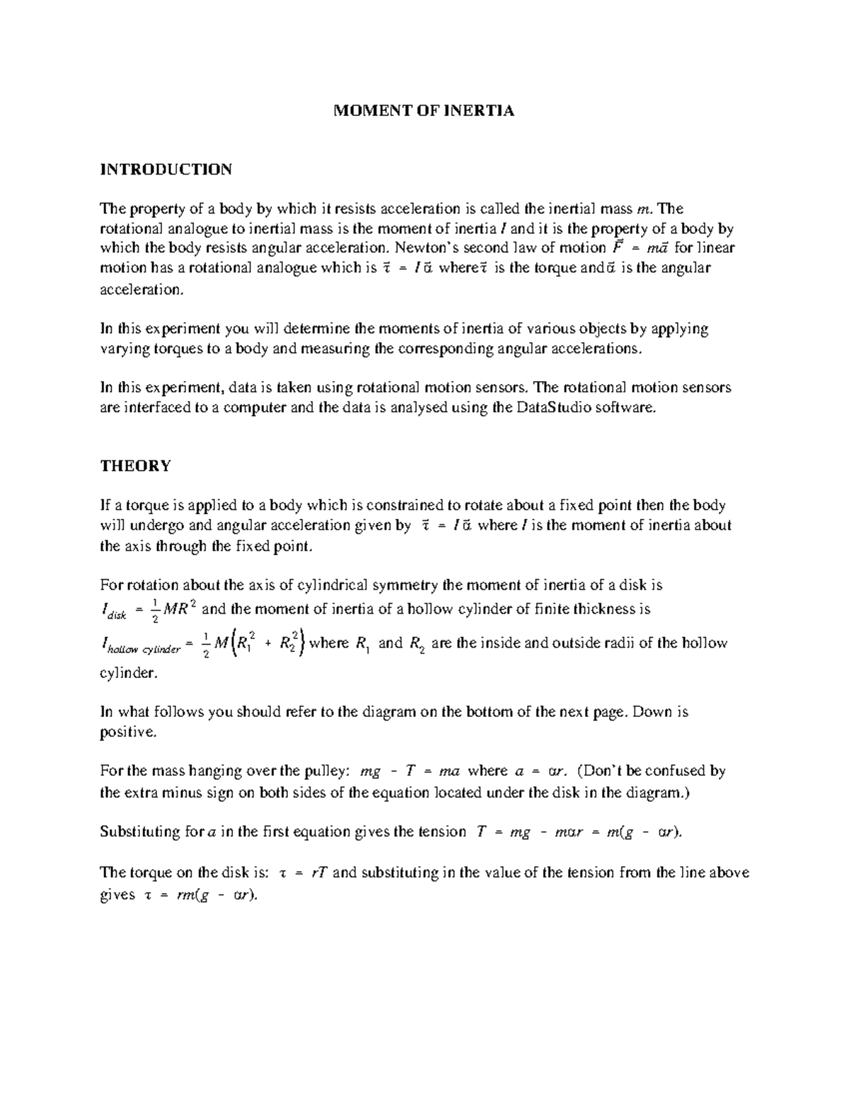 Moment Of Inertia - Better for beginners - MOMENT OF INERTIA INTRODUCTION The property of a body ...