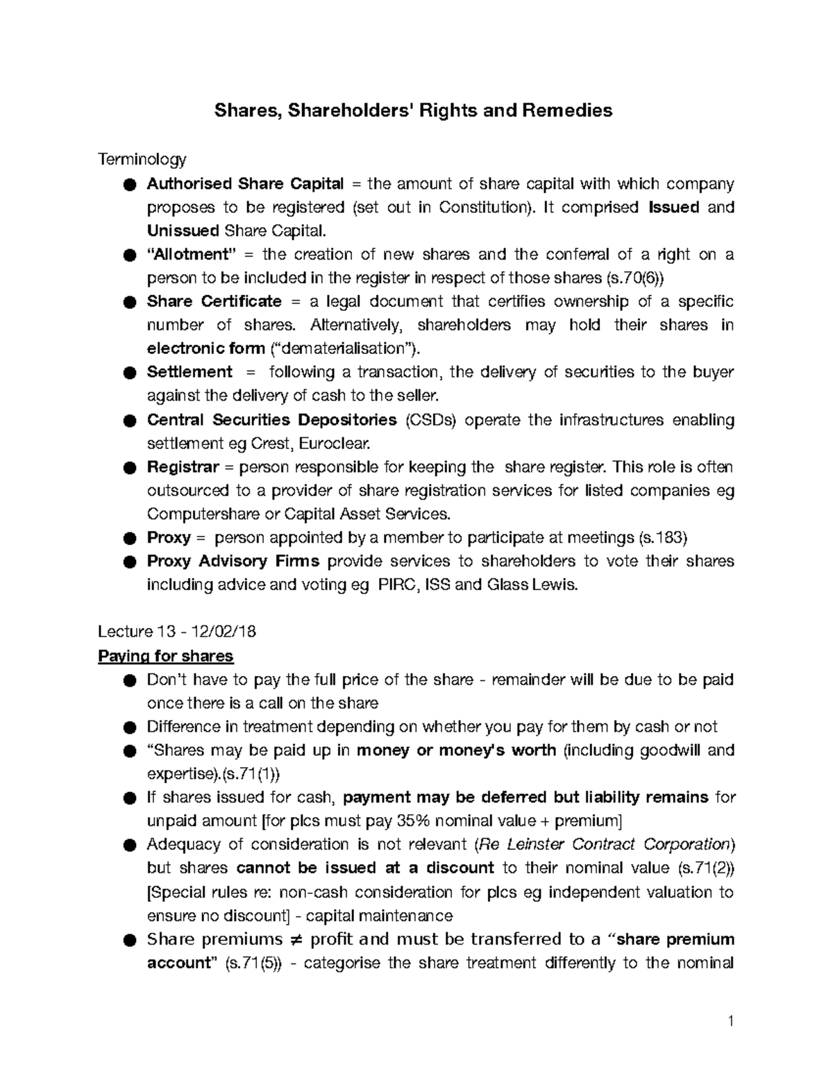 Topic 4 - Shares, Shareholders' Rights and Remedies - Shares ...