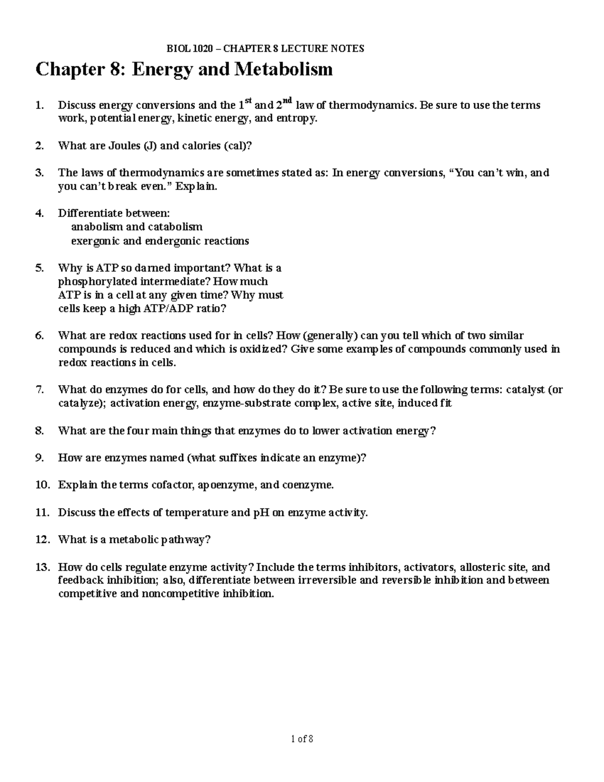 Energy and Metabolism of organism - Chapter 8: Energy and Metabolism 1 ...