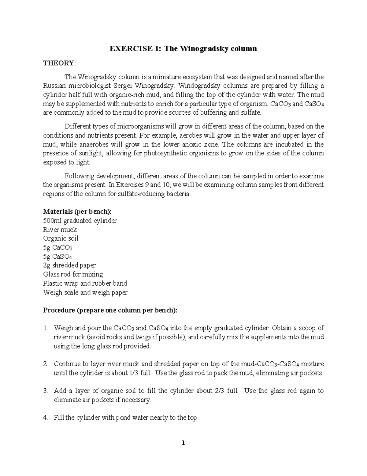 Lab Manual Exercise 1 - 1 EXERCISE 1: The Winogradsky column THEORY ...
