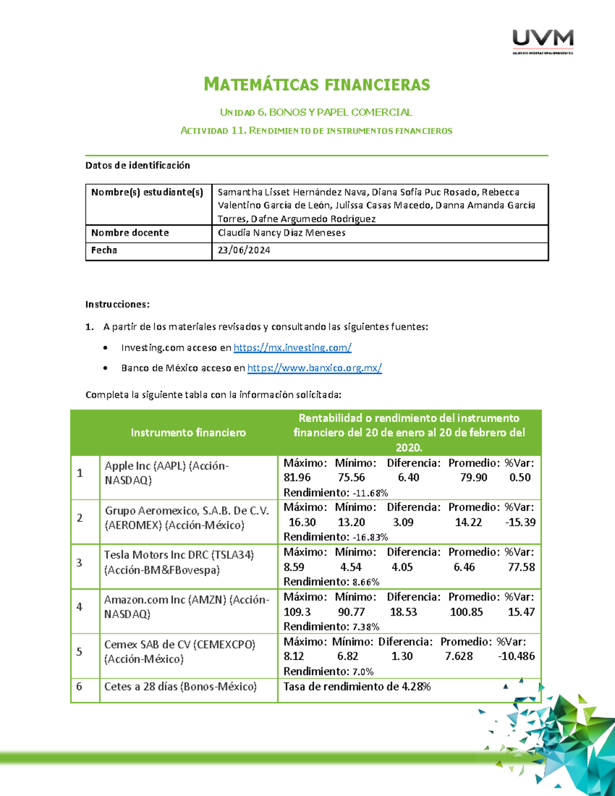 U6 Tabla Rendimiento A11 - MATEMÁTICAS FINANCIERAS UNIDAD 6. BONOS Y ...