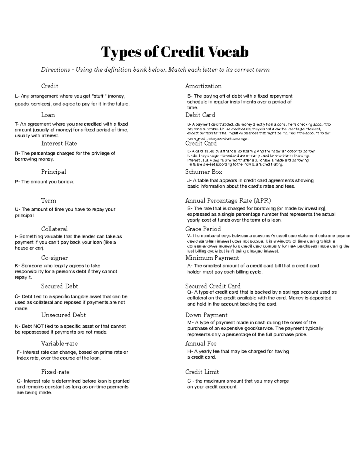 Types+of+Credit+Vocab - Types of Credit Vocab Directions - Using the ...