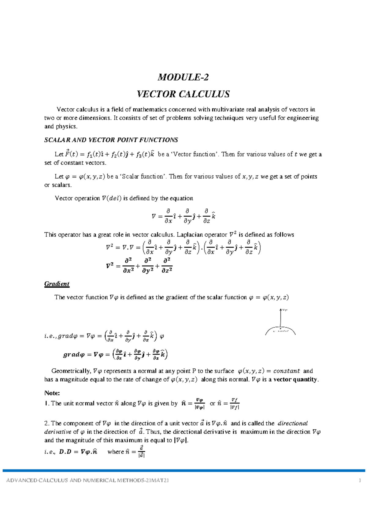 Module 1-Vector Calculus - MODULE- 2 VECTOR CALCULUS Vector calculus is ...