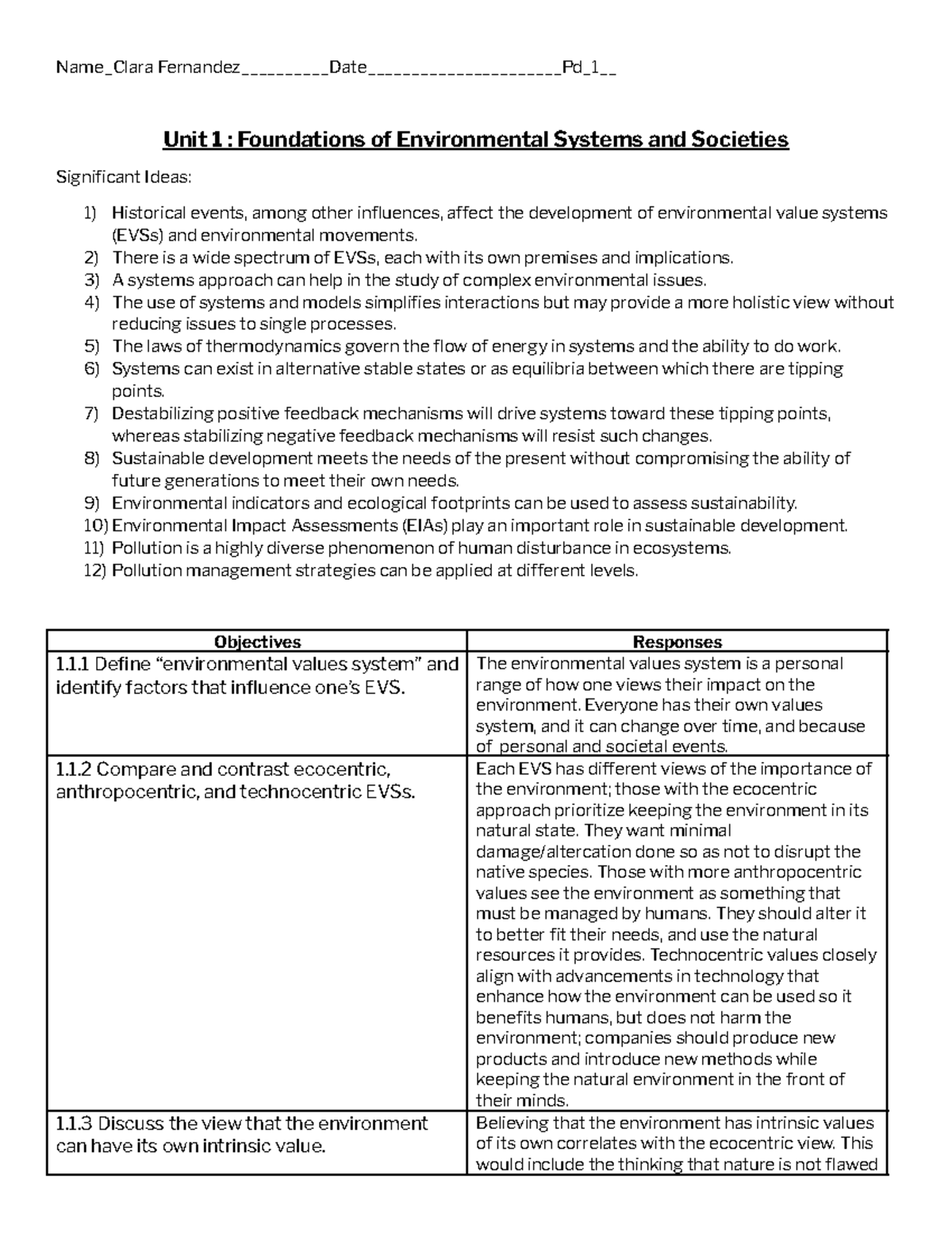 Enviro Unit 1 Objectives - Name_Clara Fernandez__________Date ...