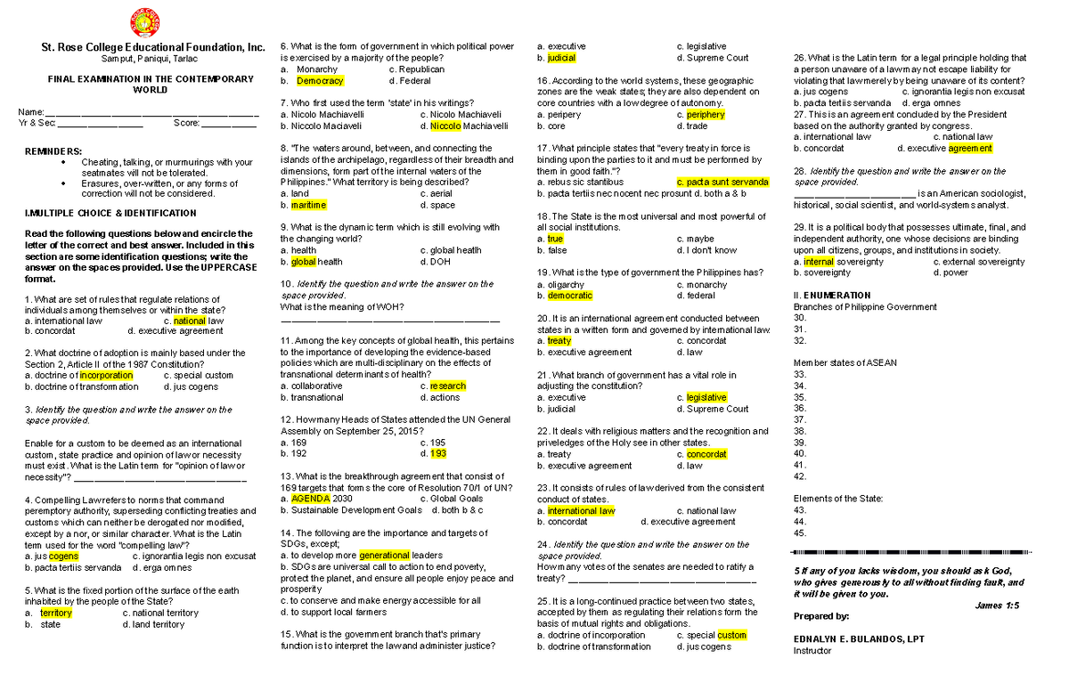 EXAM FOR Contemp Finals - St. Rose College Educational Foundation, Inc. Samput, Paniqui, Tarlac ...