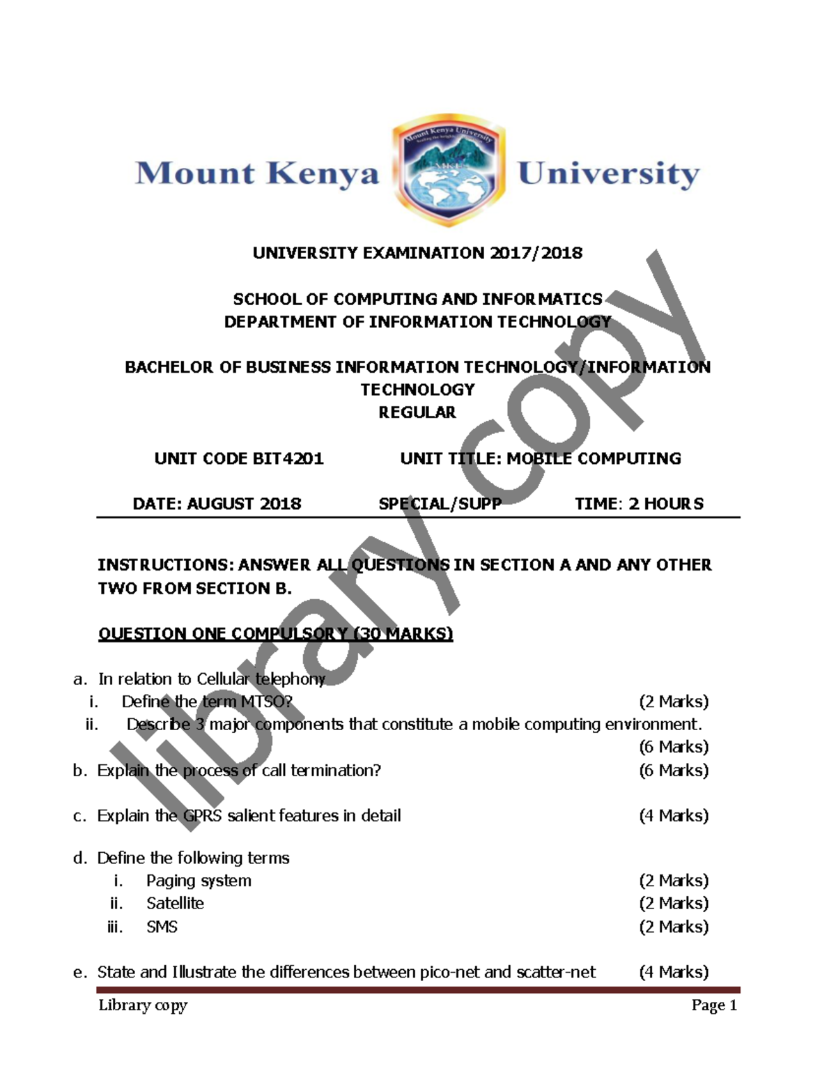 Bit4201 Mobile Computing Reg Supp Library Copy Page 1 University Examination 2017 School Of
