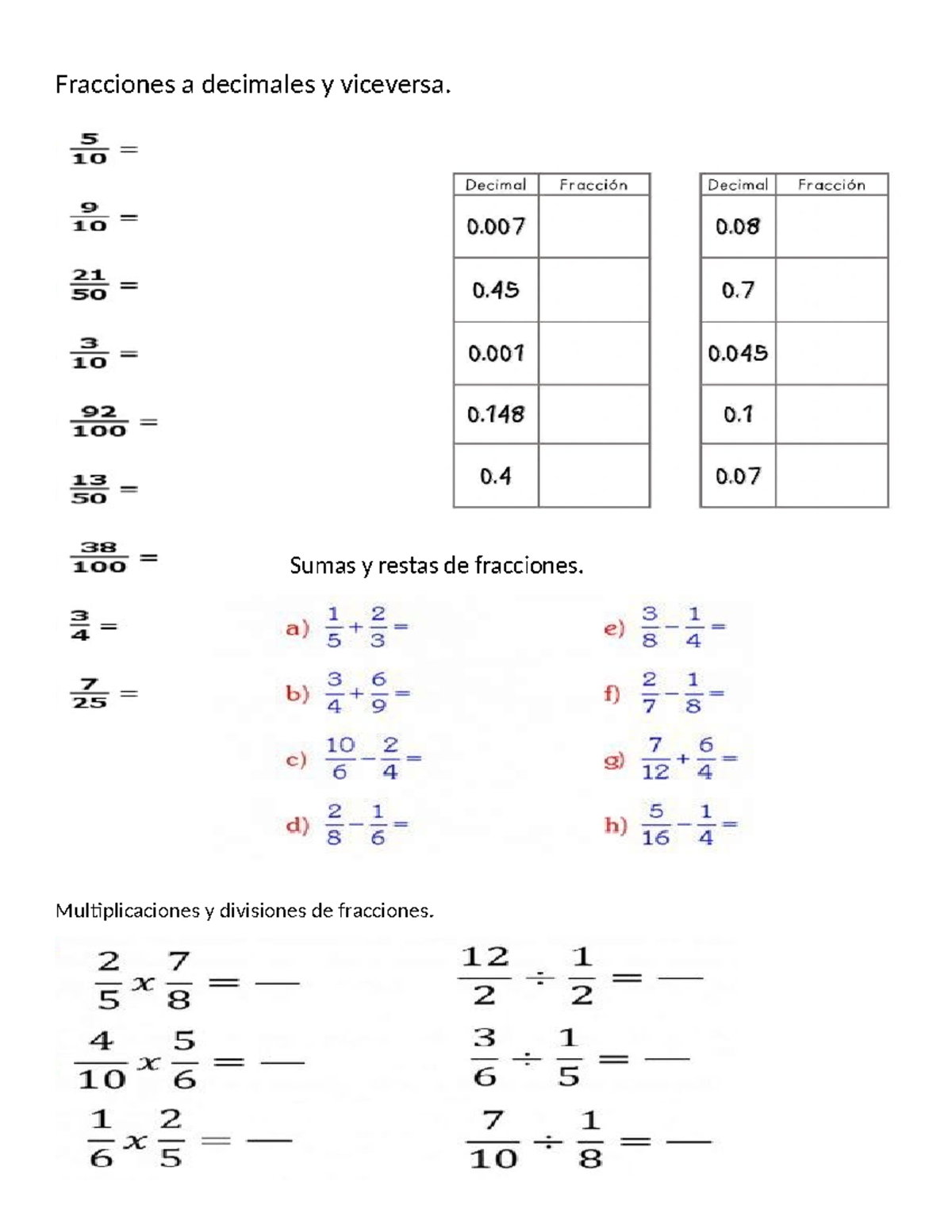 Examen LAS Fracciones - Matemáticas - Fracciones a decimales y ...