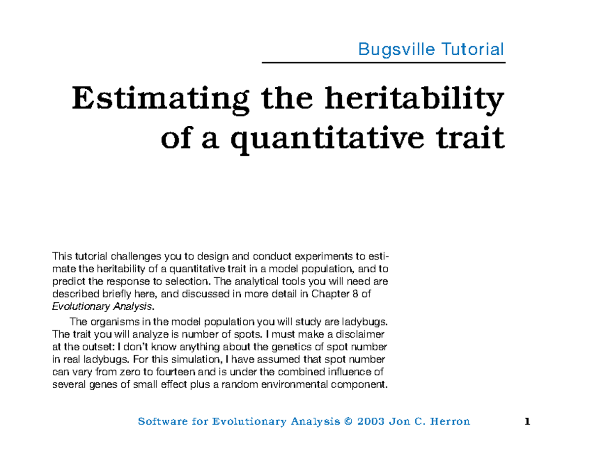 Bugsville Tutorial: Estimating Heritability of a Quantitative Trait ...