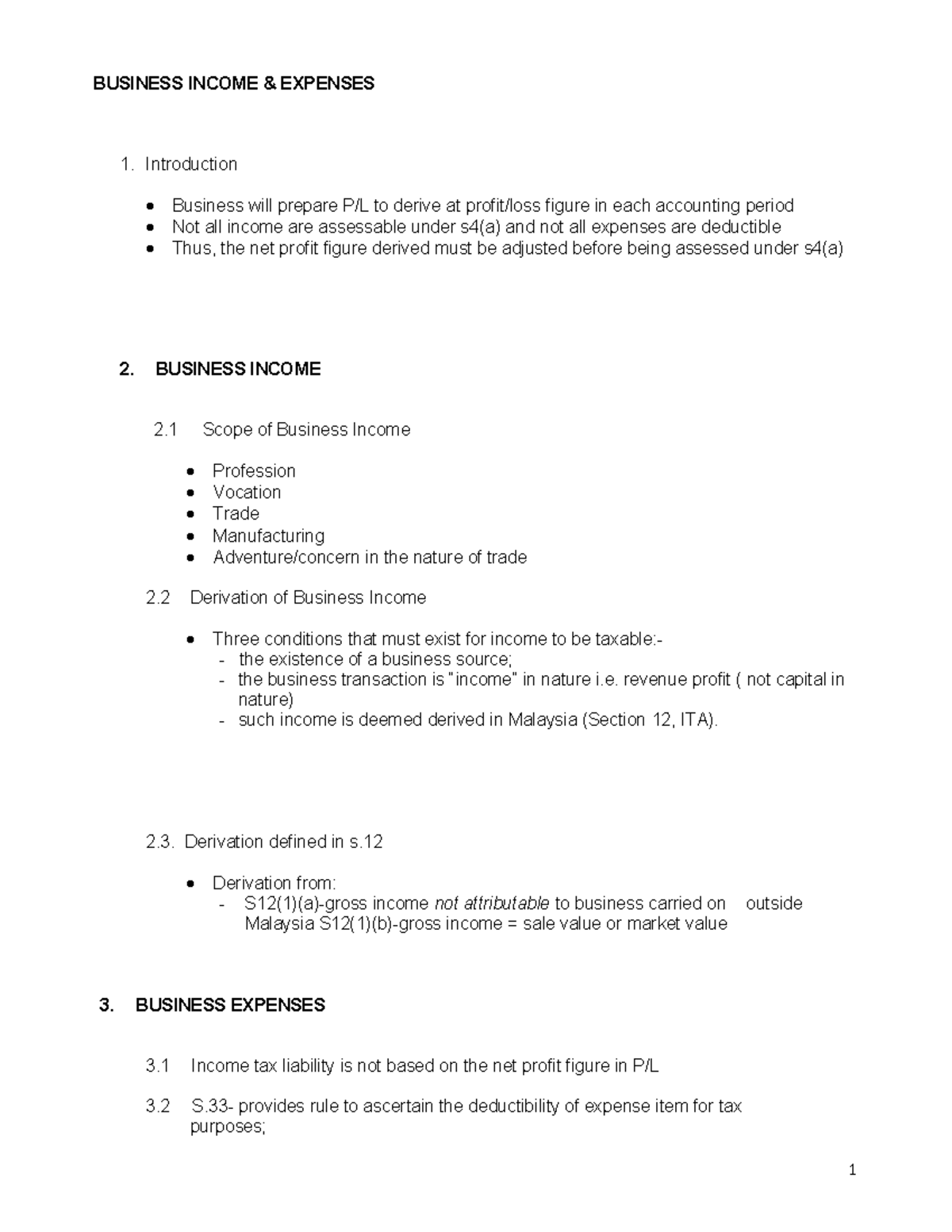 1. Computation of Business Income - BUSINESS INCOME & EXPENSES 1 ...