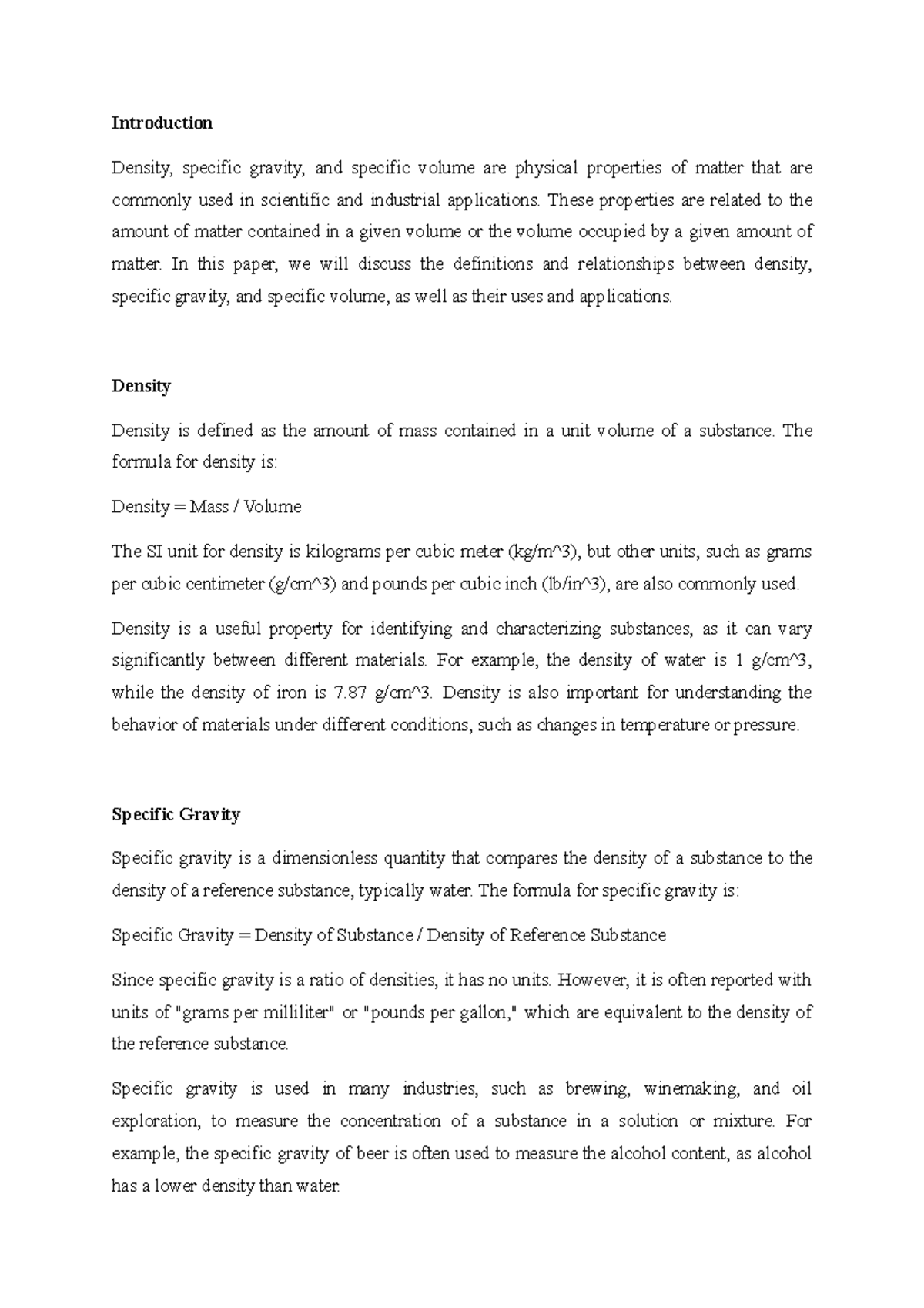 Density, specific gravity, and specific volume P Hysics 006 ...