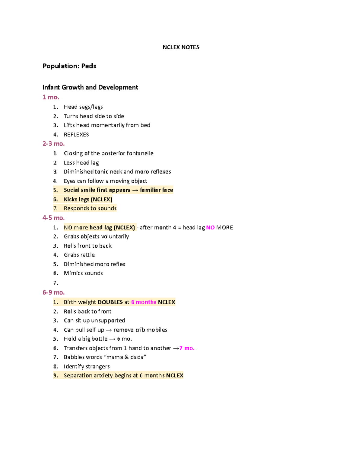 NCLEX PREPARATION - NCLEX NOTES Population: Peds Infant Growth and ...