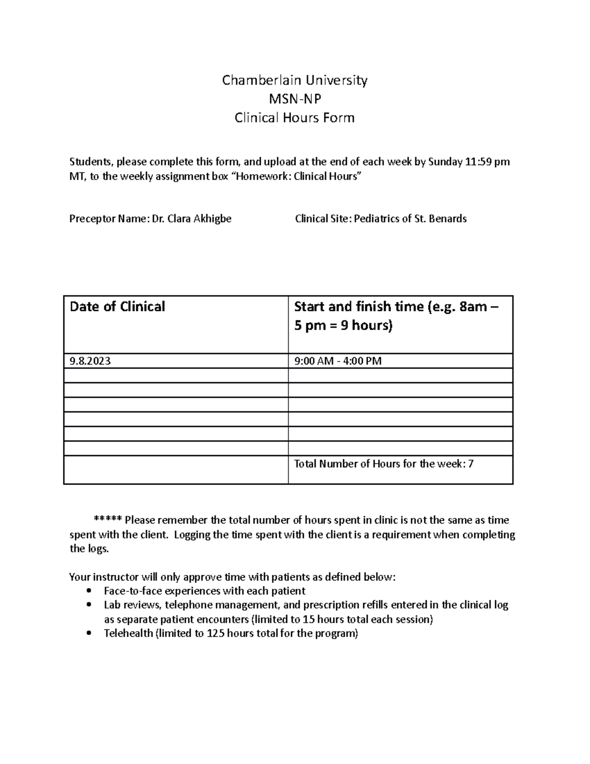 9 - clinical hours - Chamberlain University MSN-NP Clinical Hours Form ...