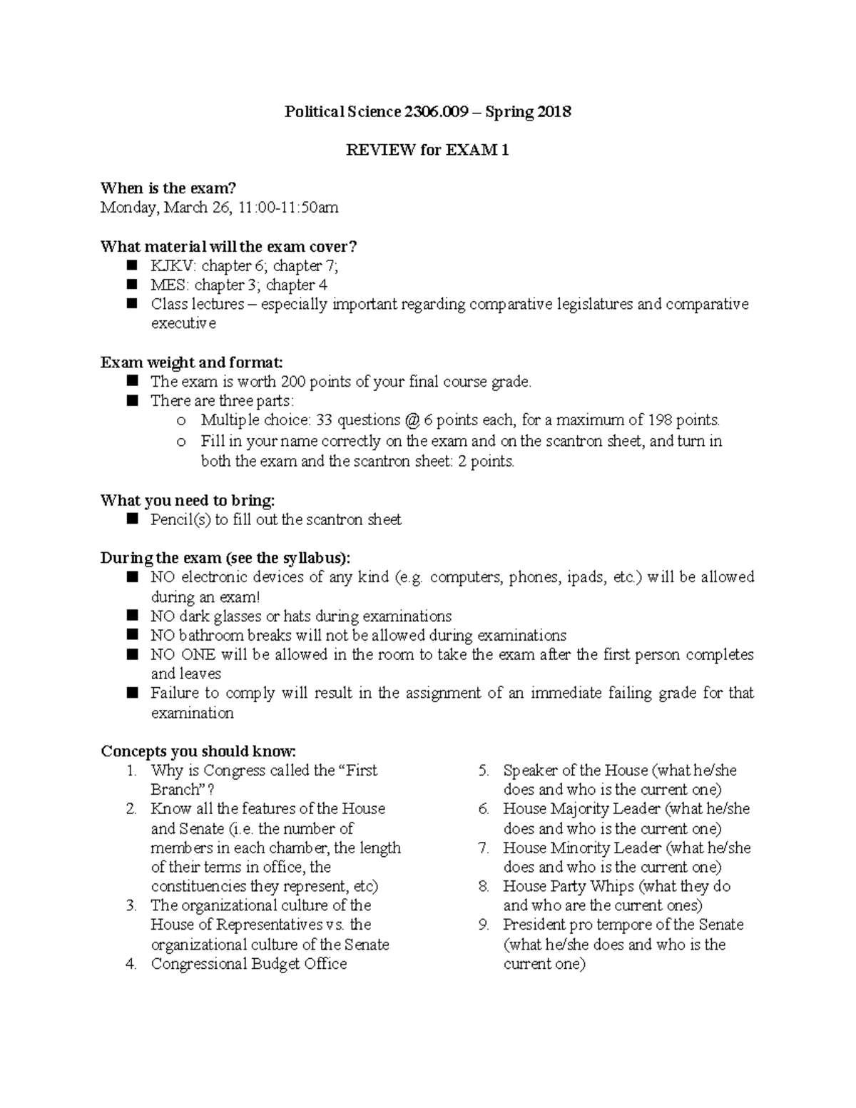 Polysci 2306.009 Spring 2018 review 2 - Political Science 2306 – Spring ...