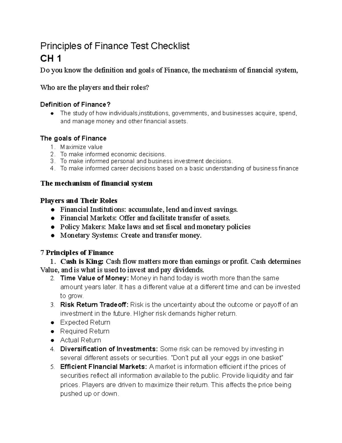 Principles of Finance Test Checklist - The goals of Finance 1. Maximize ...
